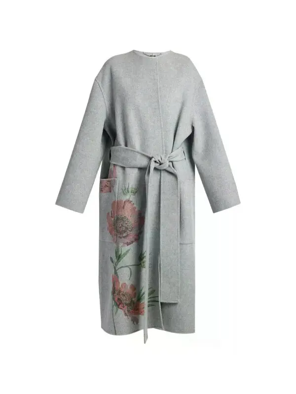 Erdem Floral Print Belted Wool Coat - Grey