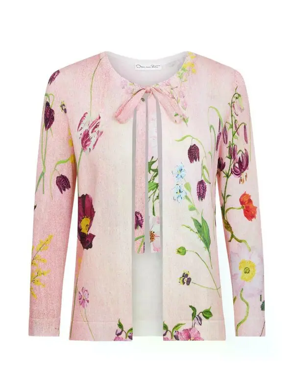 Oscar De La Renta Mixed-botanical Tie-neck Cardigan - Pink