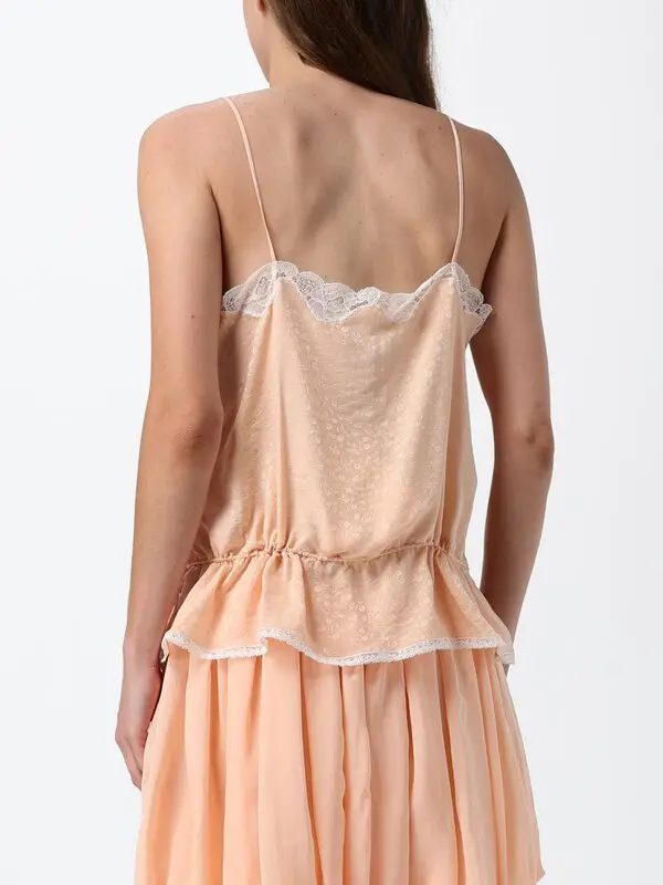 Chloé Silk Top With Floral Lace Inserts And Triangle Neckline - Pink