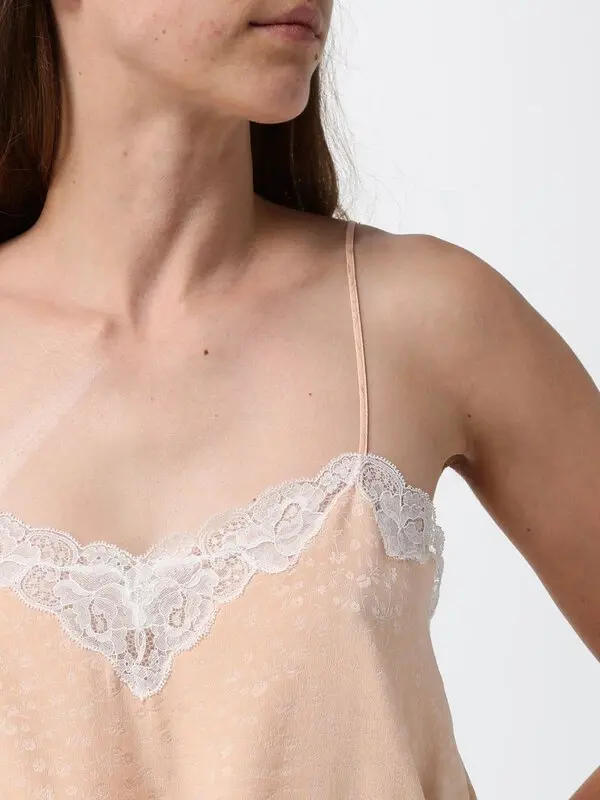 Chloé Silk Top With Floral Lace Inserts And Triangle Neckline - Pink