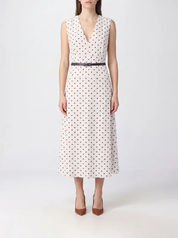 PAROSH Sleeveless V-neck Polka Dot Midi Dress - Nude