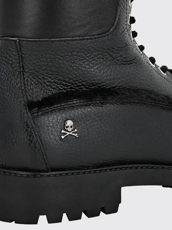 Philipp Plein Tumbled Leather Combat Boots With Pony Hair Inserts And Skull Appliqu