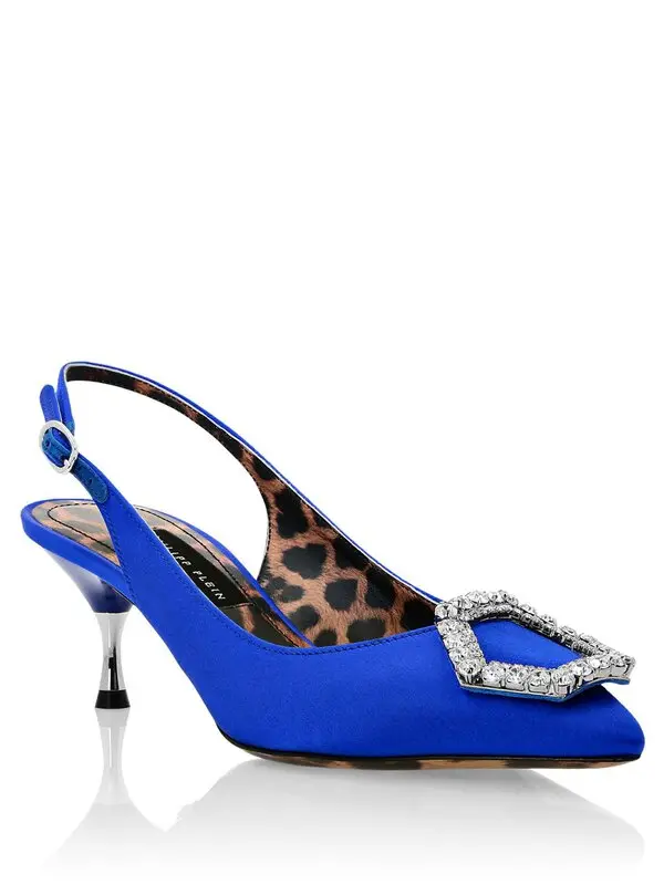 Philipp Plein Satin Slingbacks With Jewel Buckle And Mid Stiletto Heel - Turquoise