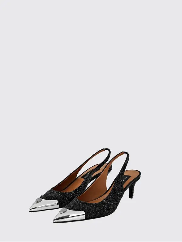 Philipp Plein Leather Slingback Pumps With Crystal Skull And Mid Heel - Black