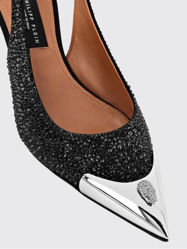 Philipp Plein Leather Slingback Pumps With Crystal Skull And Mid Heel - Black