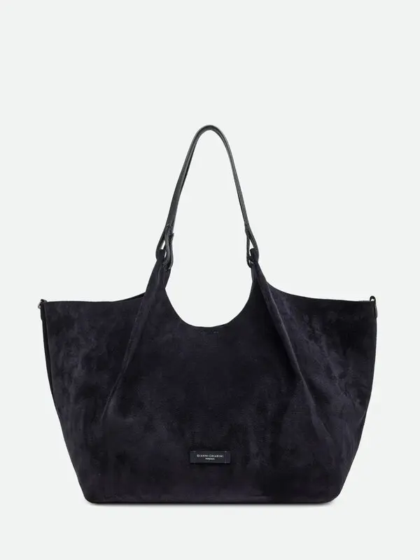 GIANNI CHIARINI Suede Calfskin Leather Shoulder Bag With Double Handle - Black 1