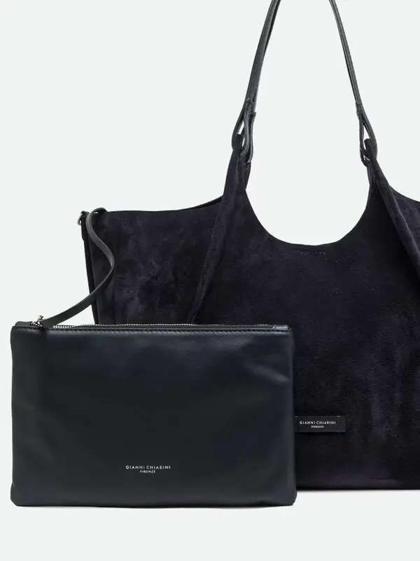 GIANNI CHIARINI Suede Calfskin Leather Shoulder Bag With Double Handle - Black 1