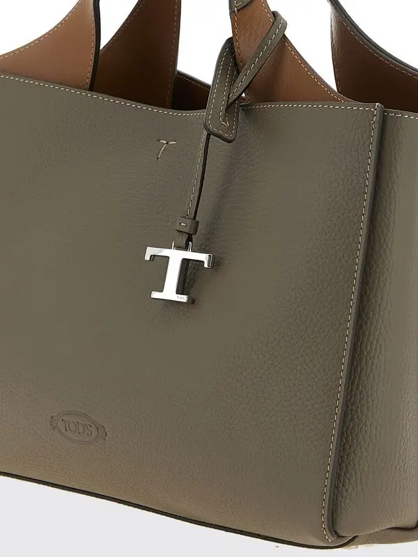 TOD'S Hammered Leather Tote Bag With Double Handle And Shoulder Strap - Grey