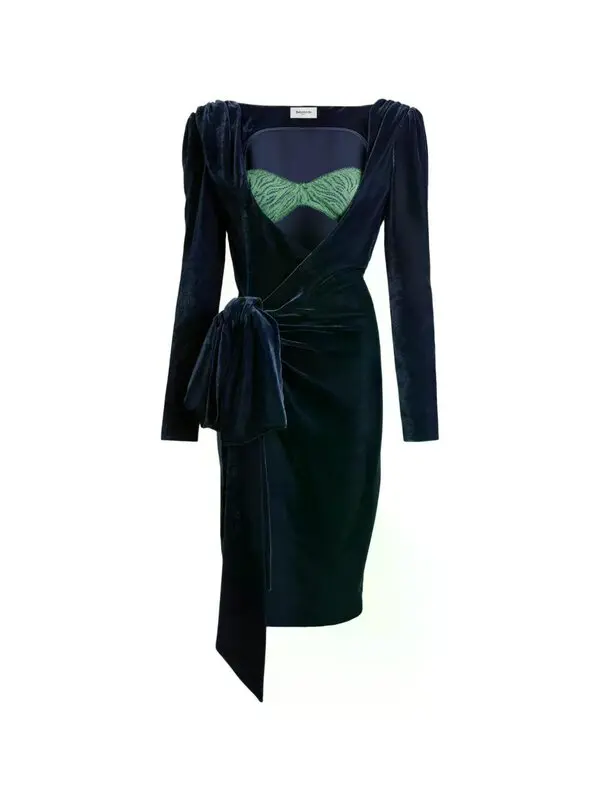 Balmain Velvet Dress With Lace Bra And Tie Detail - Blue