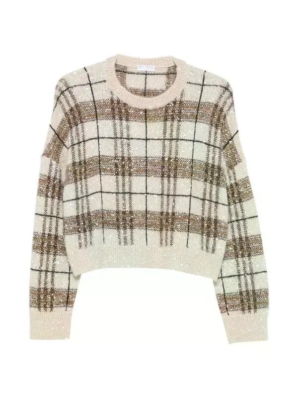 Brunello Cucinelli Plaid-pattern Sequin-embellishment Sweater - Neutrals