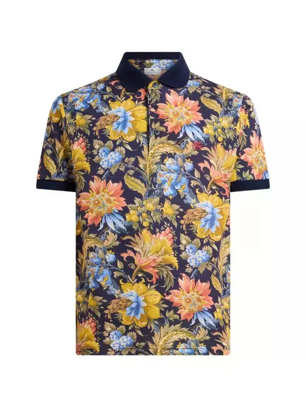 Etro Cotton-pique Polo Shirt With Plain-colour Details And Floral-motif - Blue