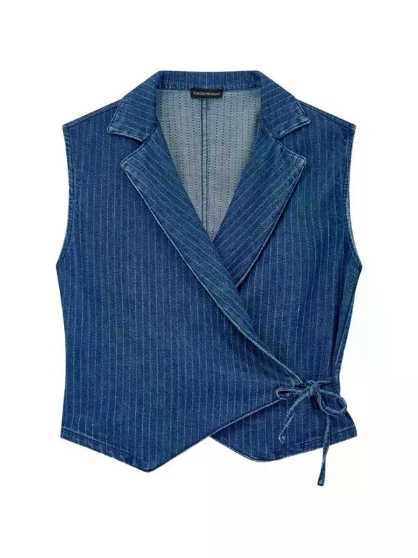 Emporio Armani Pinstriped Denim Wrap Waistcoat With Lapels And A Side Tie - Blue