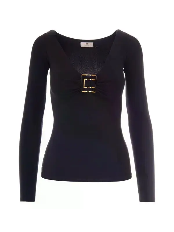Elisabetta Franchi Top In Jersey-fabric With Jewel Logo-detail - Black