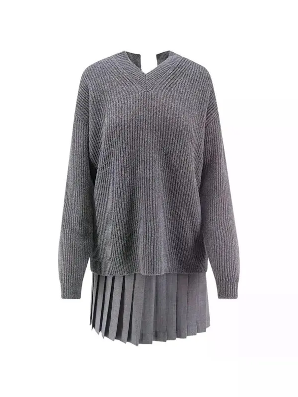 SEMICOUTURE Ribbed Knit V-neck Mini Dress With Pleated Skirt And Buckle Fastening - Grey