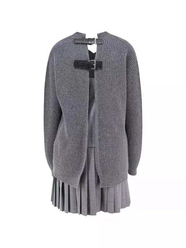 SEMICOUTURE Ribbed Knit V-neck Mini Dress With Pleated Skirt And Buckle Fastening