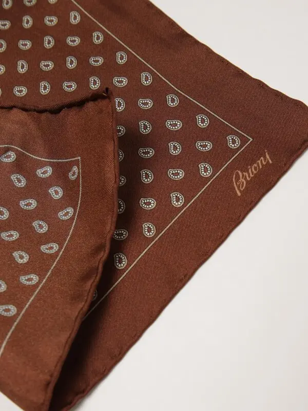 Brioni Paisley Print Square Silk Scarf With Contrast Logo - Brown