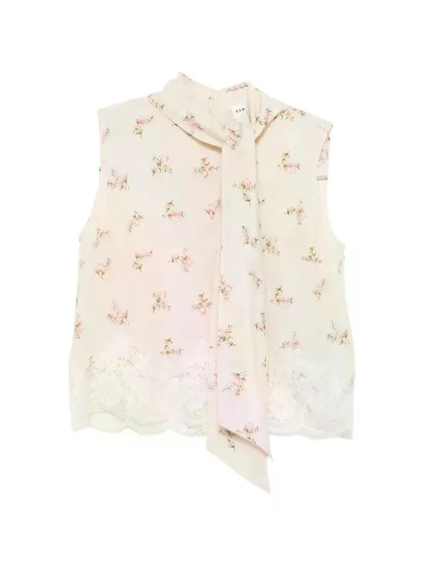 P.a.r.o.s.h Sleeveless Floral Print Lace Trim Blouse - Neutrals
