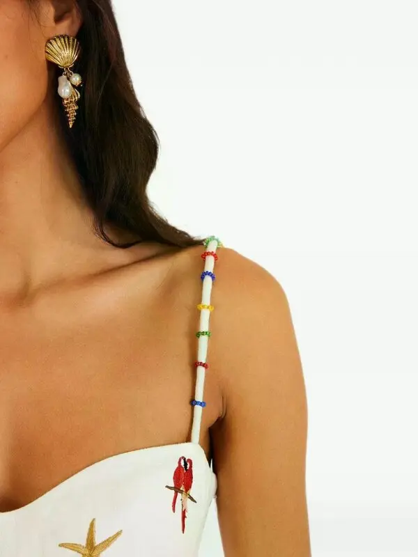 Farm Rio Off- Embroidered Beaded Mini Dress