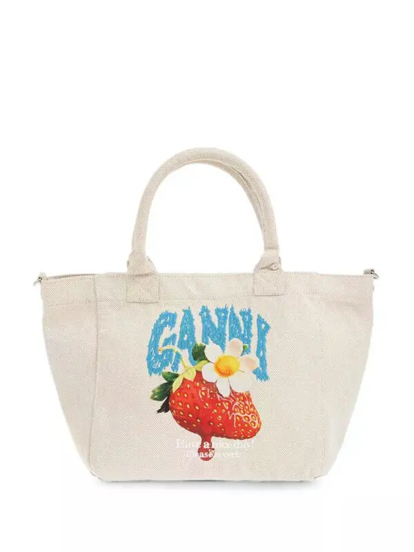 GANNI Strawberry-print Logo-embroidered Tote Bag - Neutrals