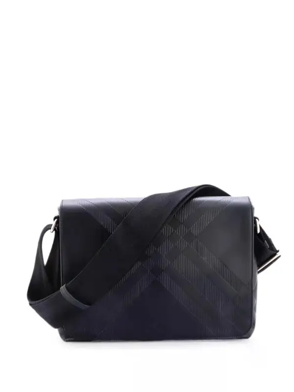 Burberry Full Flap Messenger Bag Check Embossed Leather Medium Crossbody Bag - Black