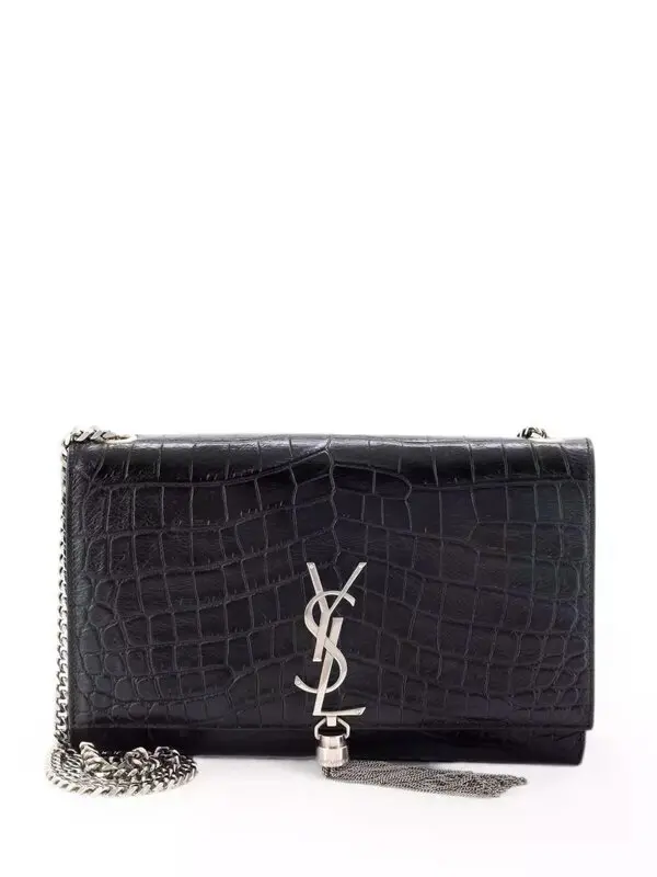 Saint Laurent Classic Monogram Tassel Crocodile Embossed Leather Medium Crossbody Bag - Black