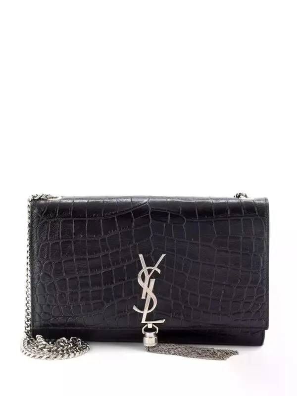 Saint Laurent Monogram Tassel Crocodile Embossed Leather Medium Crossbody Bag - Black