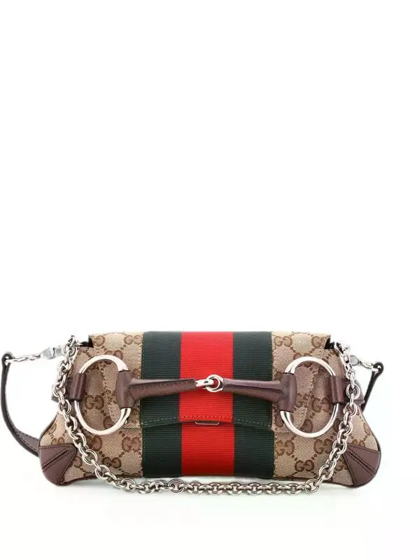 Gucci Horsebit Nm Web Chain Clutch Gg Canvas Small Shoulder Bag - Brown
