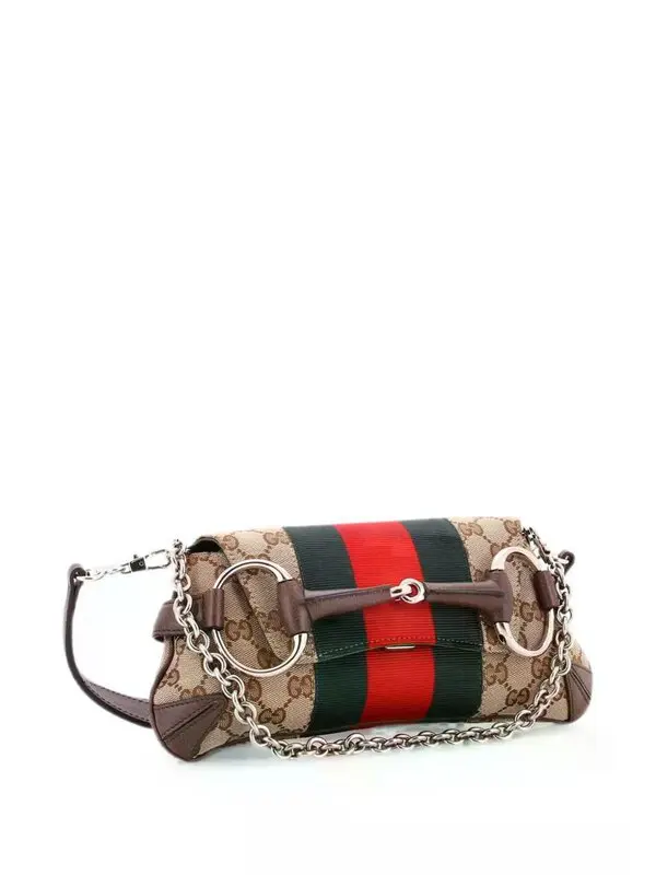 Gucci Horsebit Nm Web Chain Clutch Gg Canvas Small Shoulder Bag - Brown