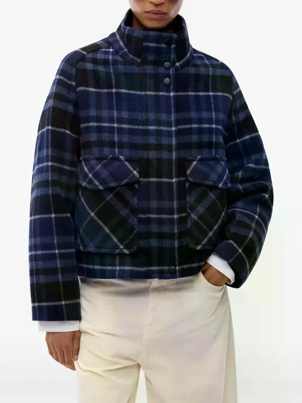 Pinko Check-pattern Cropped High Neck Coat - Blue