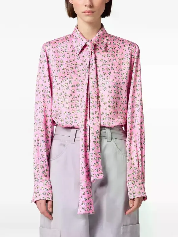 MSGM Floral-print Pussy-bow Shirt