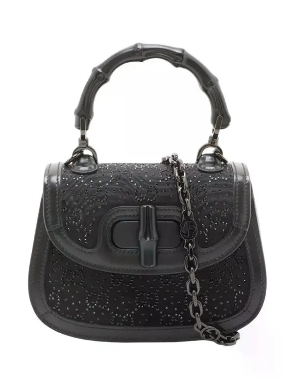 Gucci 2016-2026 Mini Gg Nylon Crystal 1947 Bamboo Top Handle Bag Satchel - Black