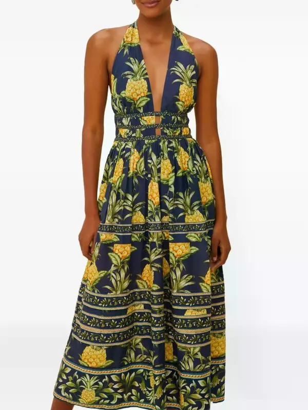 Farm Rio Pineapple-print Halterneck Mini Dress