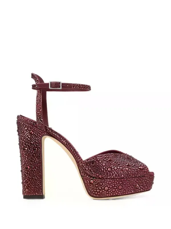 JIMMY CHOO Sacaria Platform 120 Deep Merlot Satin Platform Sandals With Dégradé Crystals - Red