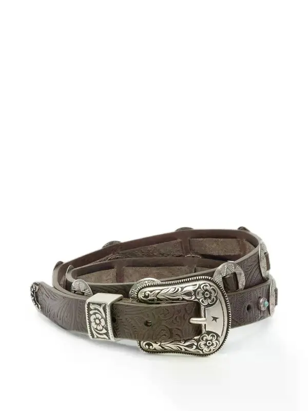 GOLDEN GOOSE Lace Belt In Washed Leather With Floral Pattern And Metallic Inlays - Brown