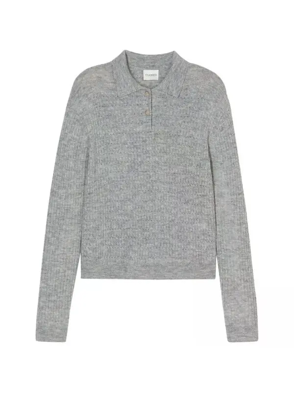Closed Ribbed-knit Long-sleeve Polo Shirt