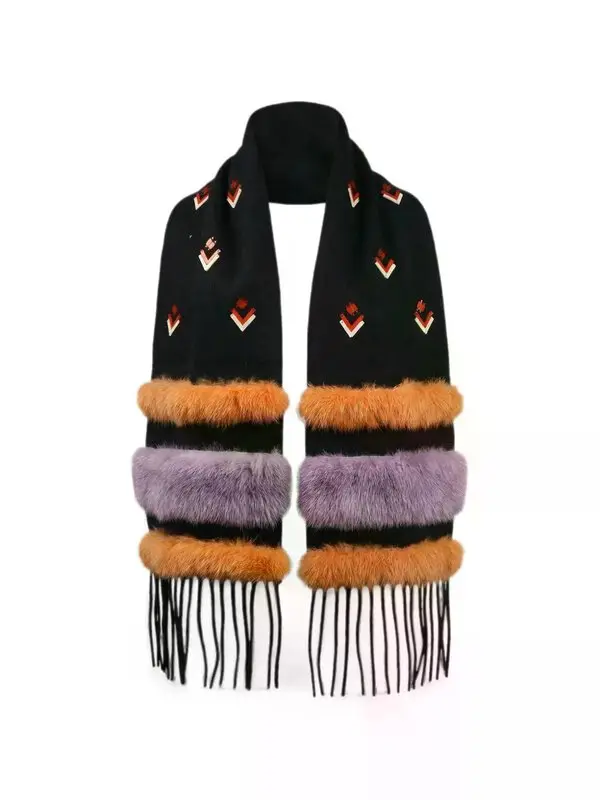 Valentino Garavani Geometric-pattern Faux-fur-trim Scarf - Black