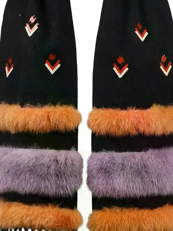 Valentino Garavani Geometric-pattern Faux-fur-trim Scarf - Black