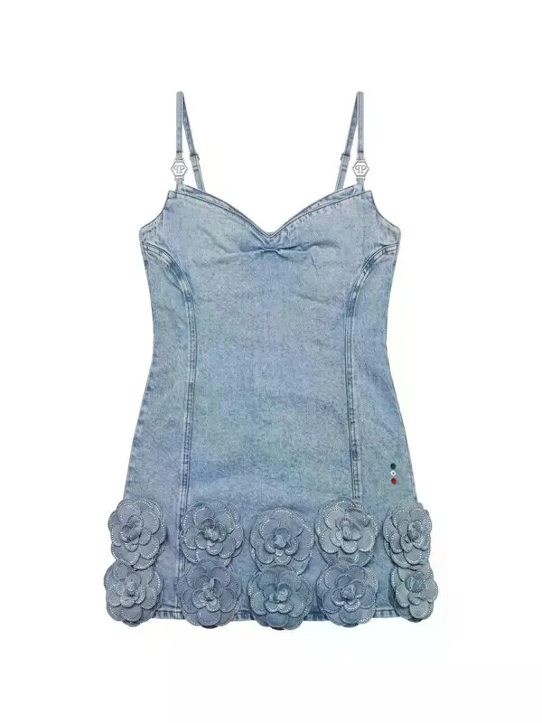 Philipp Plein Denim Mini Dress Roses Strass