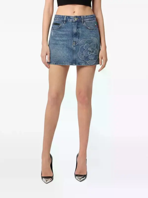 Philipp Plein Denim Mini Skirt Rose Strass