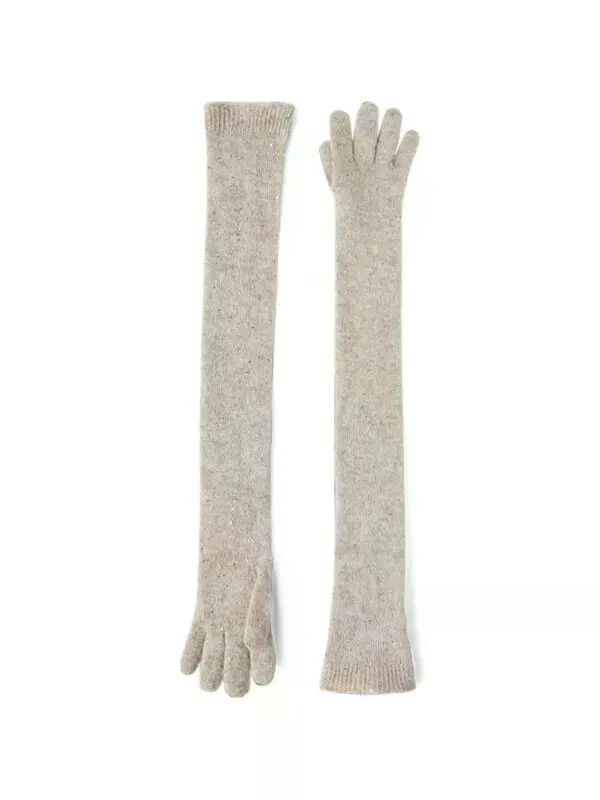 Brunello Cucinelli Long Lace Flowers Knit Gloves In Sparkling Mohair And Virgin Wool - Neutrals