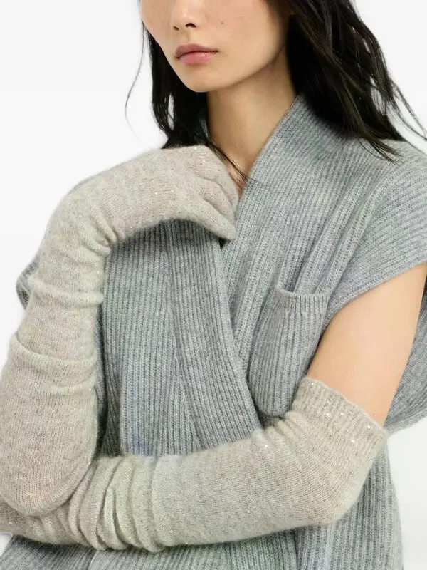 Brunello Cucinelli Long Lace Flowers Knit Gloves In Sparkling Mohair And Virgin Wool - Neutrals