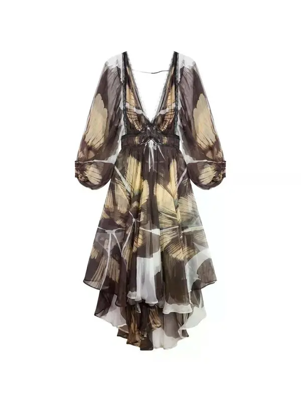 MES DEMOISELLES Butterfly Print Lace-trimmed Long Dress - Brown