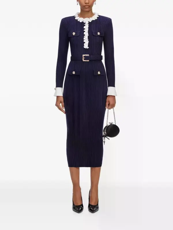 SELF-PORTRAIT Navy Flower Rib-knit Midi Dress