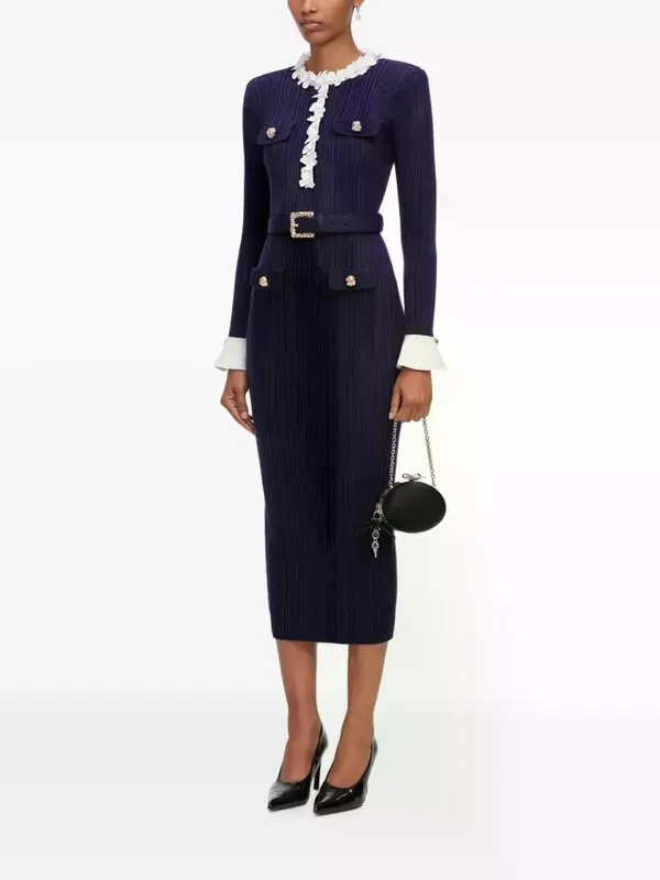 SELF-PORTRAIT Navy Flower Rib-knit Midi Dress