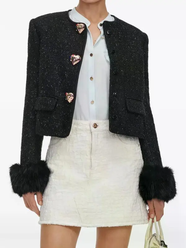 SELF-PORTRAIT Metallic Boucle Jacket With Faux Fur Cuffs