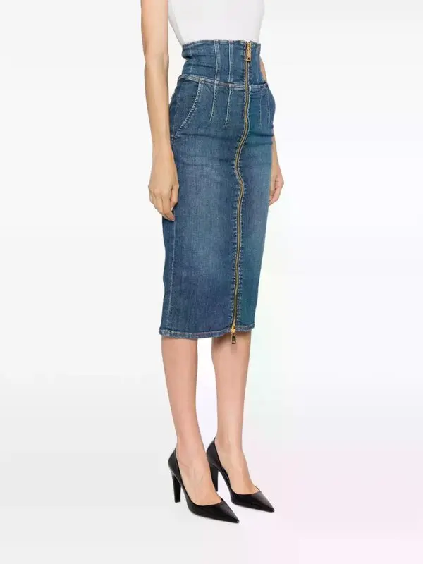 Elisabetta Franchi High-waisted Denim Midi Skirt With Front Zip