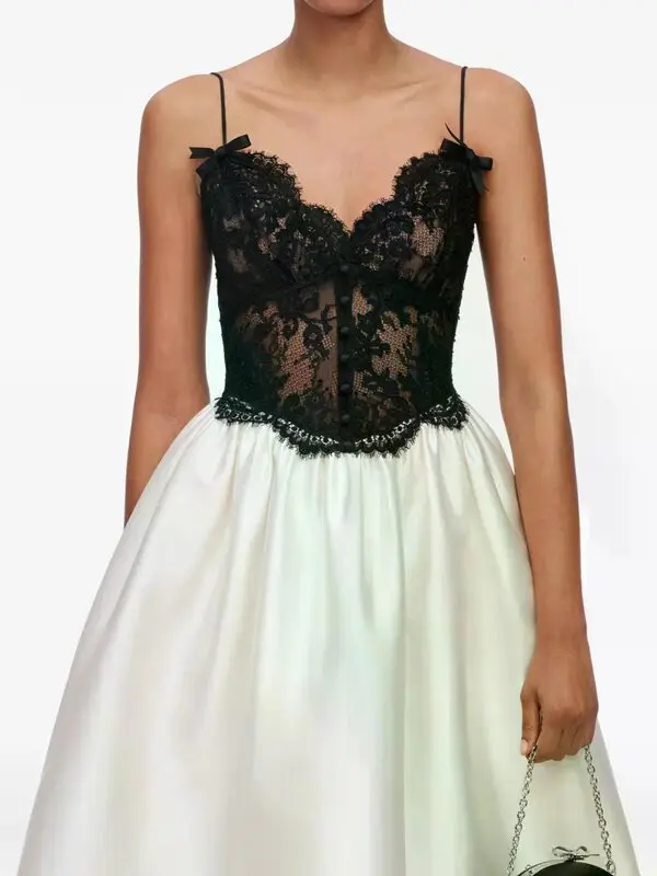 SELF-PORTRAIT Lace Bodice Flared Midi Dress - Neutrals
