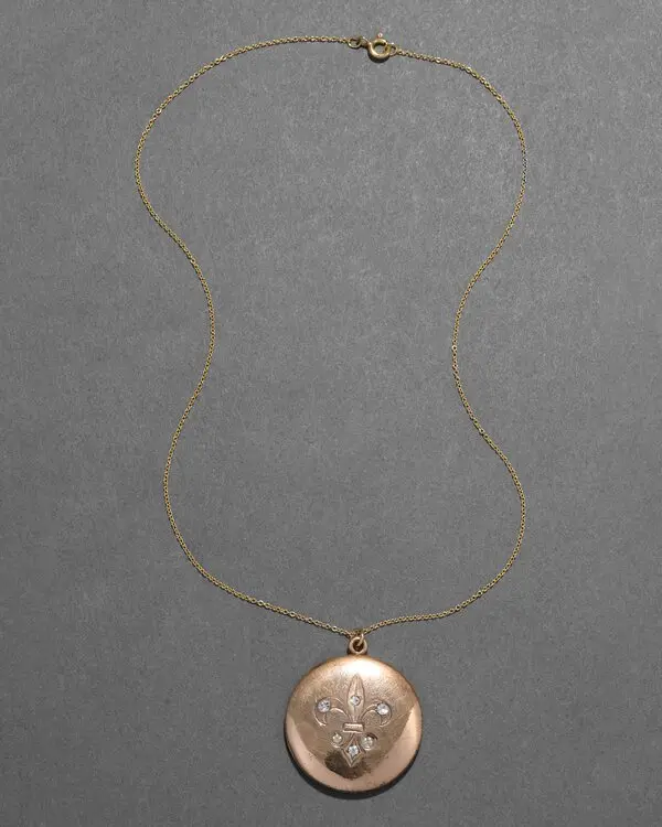 Alexis Bittar Antique Early 1900s 14k Fill & Paste Crystal Fleur De Lis Locket Pendant Necklace - Gold