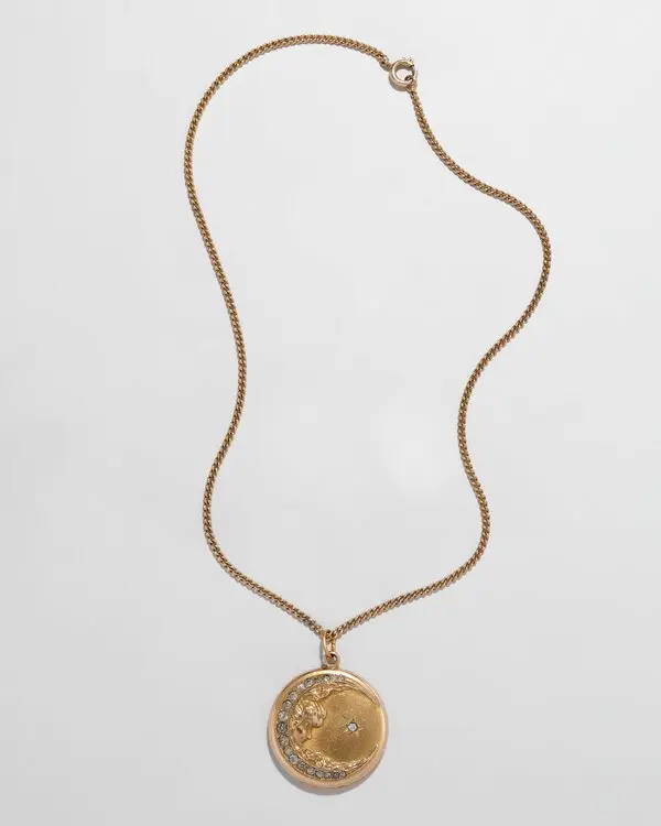 Alexis Bittar Antique Victorian Late 1800s 14k Fill & Paste Crystal Crescent Moon Locket Pendant Necklace - Gold