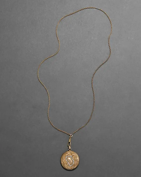 Alexis Bittar Antique Victorian Late 1800s 14k Fill & Paste Crystal Scroll Motif Locket Pendant Necklace - Gold